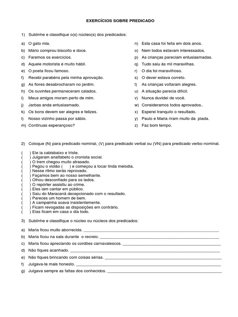 Exercícios Sobre Predicado | PDF | Entretenimento (geral)