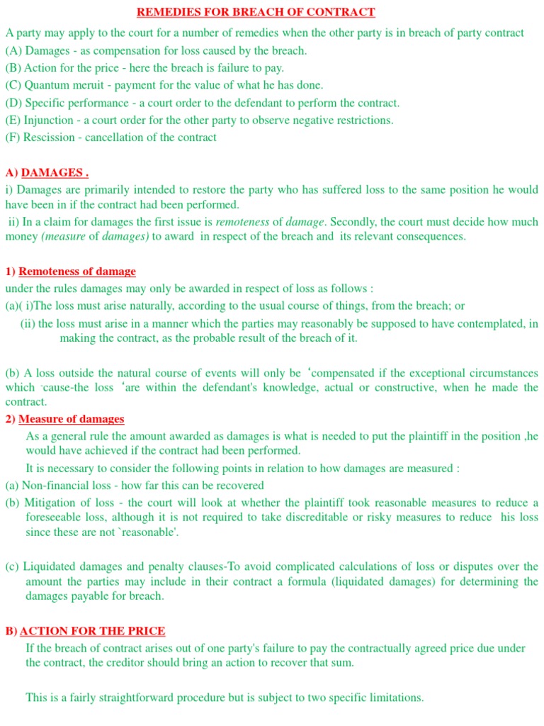 Remedies For Breach of Contract | PDF | Breach Of Contract | Damages