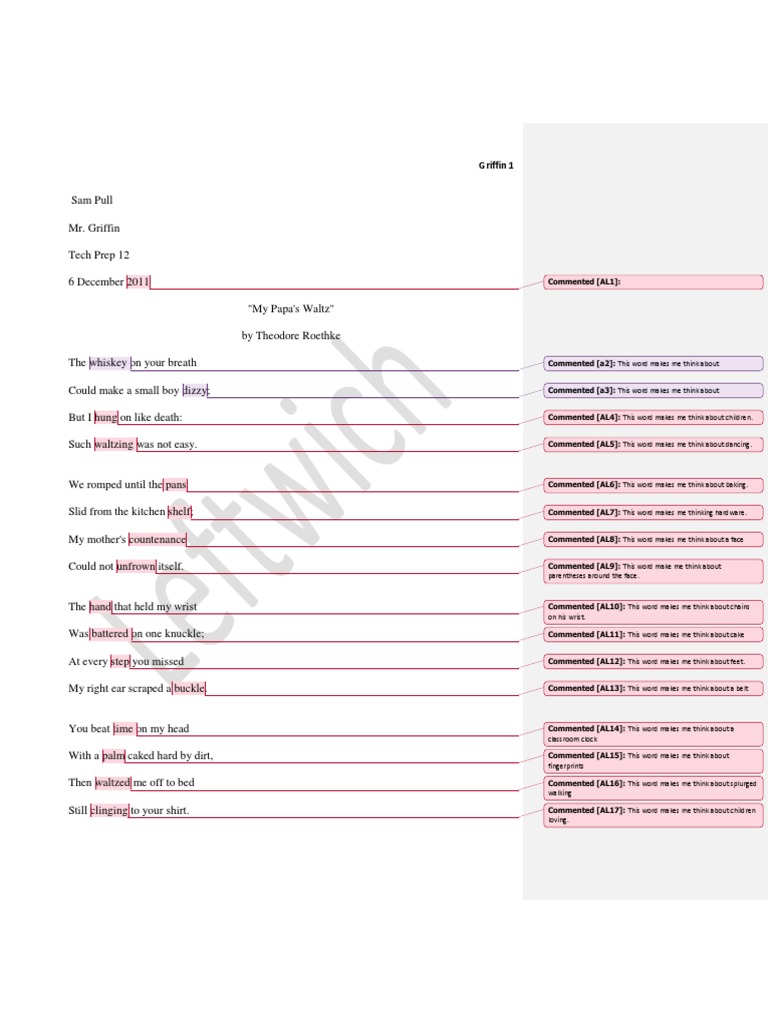 Analysis of "My Papa's Waltz" Poem | PDF