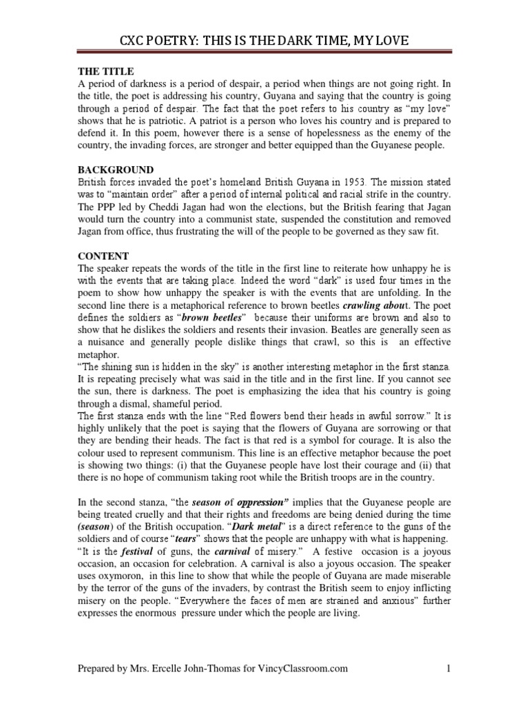 CXC Poem This Is The Dark Time My Love | PDF | Poetry