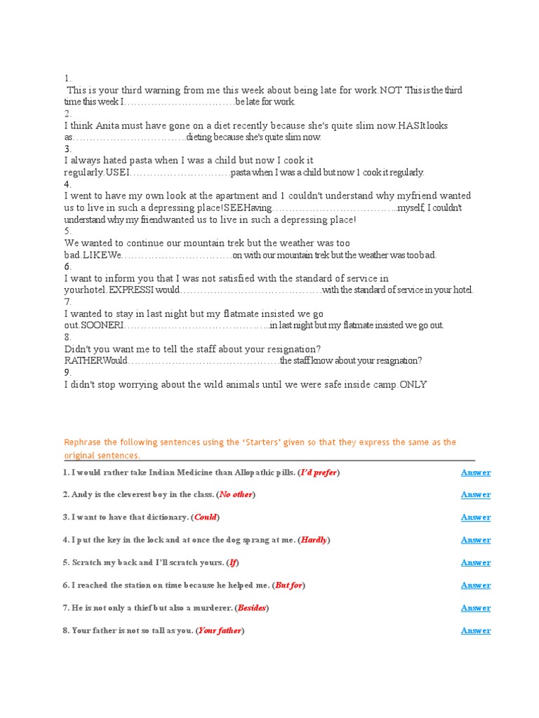 Rephrasing Exercises with Answers | PDF