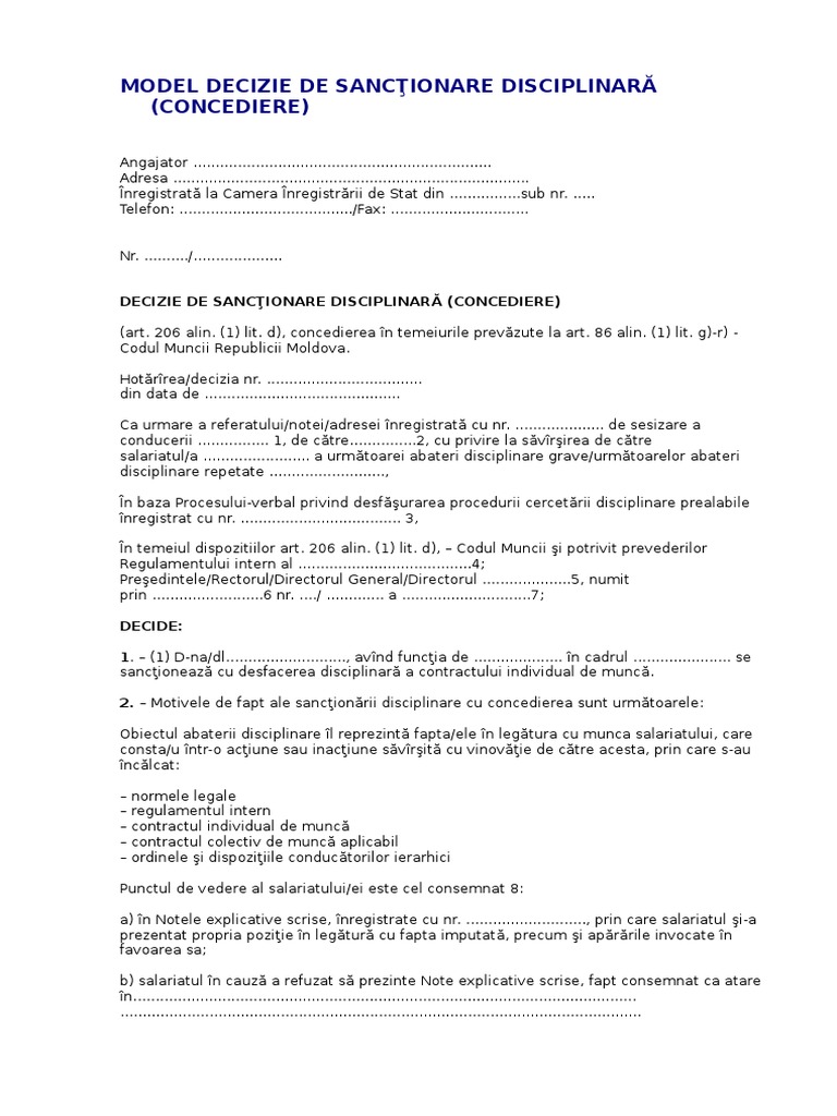 Model Decizie de Sanctionare Disciplinara