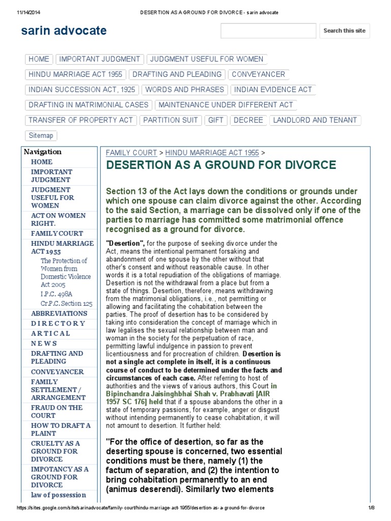 Desertion As A Ground For Divorce - Sarin Advocate | PDF | Marriage | Divorce