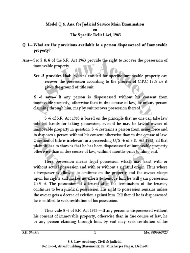 Model Q. Ans For The Specific Relief Act1963 | PDF | Specific ...