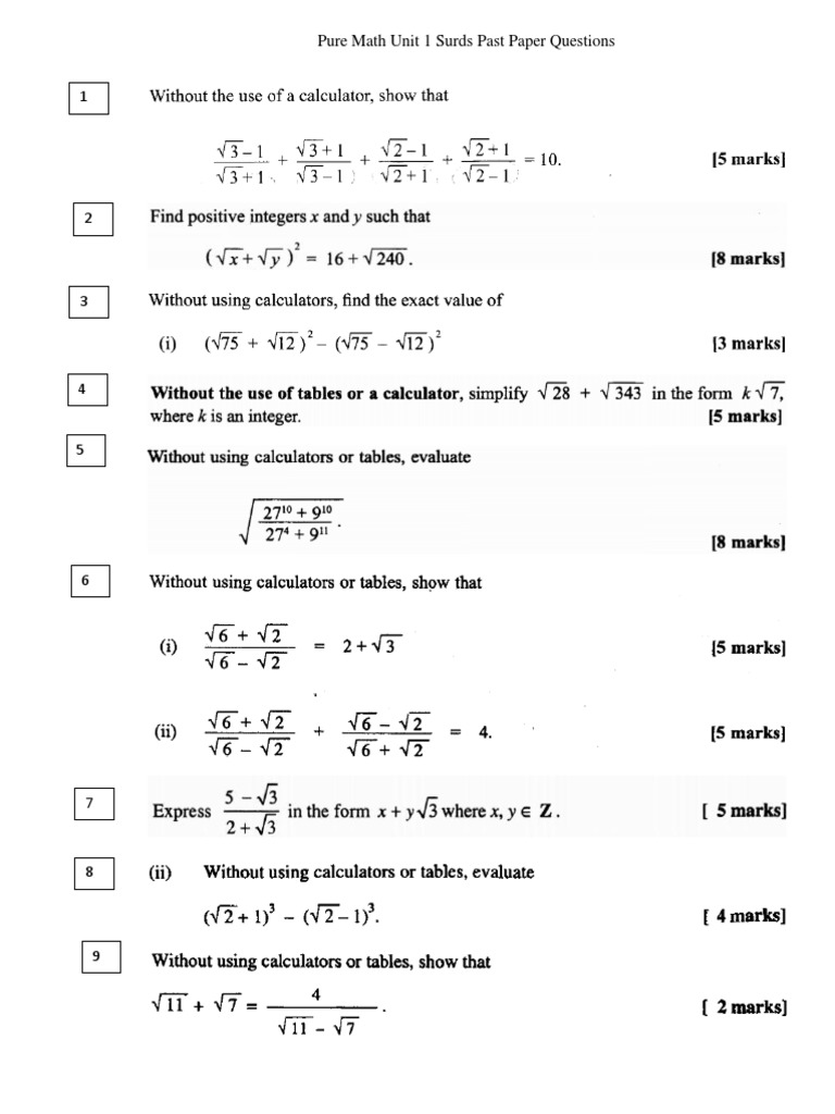 Pure Math Unit 1 Surds Past Paper Questions | PDF