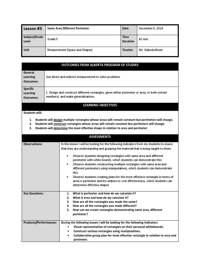 Grade 5 Area and Perimeter Lesson | PDF | Educational Assessment | Learning