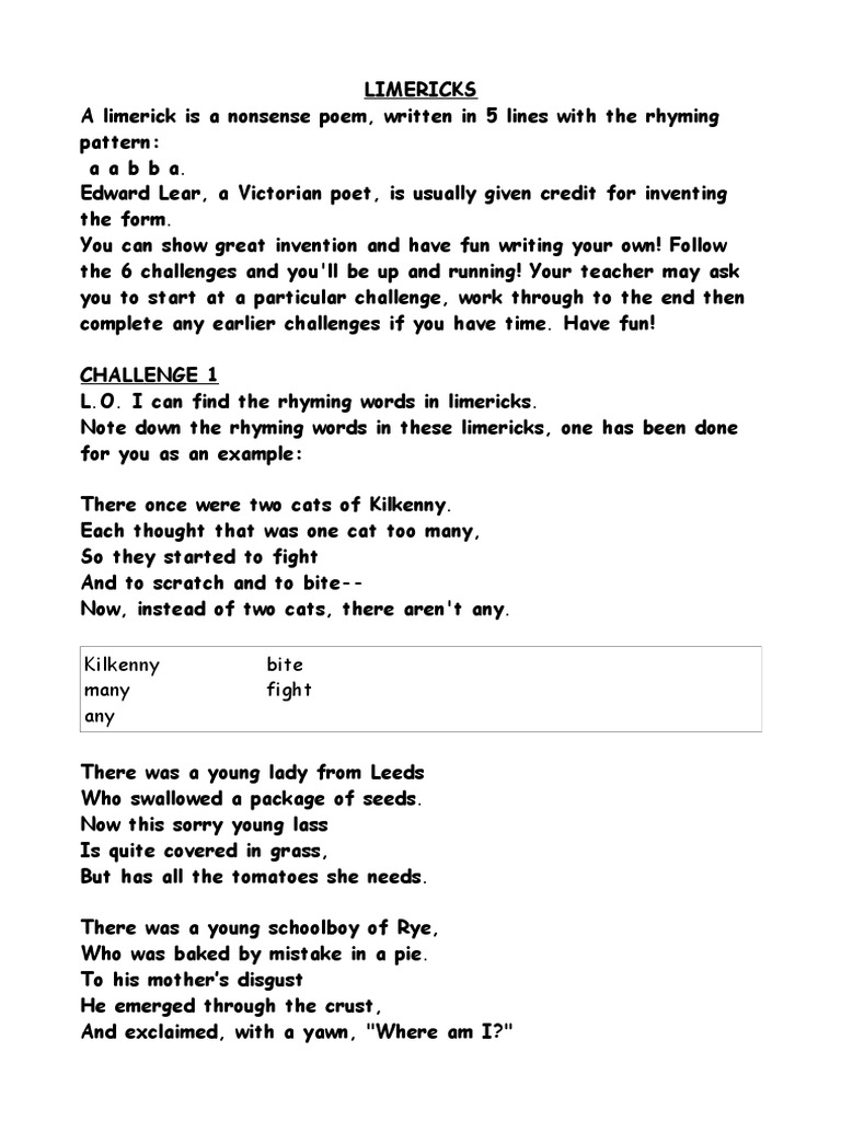 Limericks Worksheet | PDF | Limerick (Poetry)
