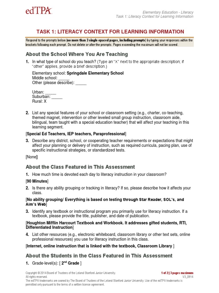 Edtpa Literacy Context For Learning Commentary | PDF | Literacy ...