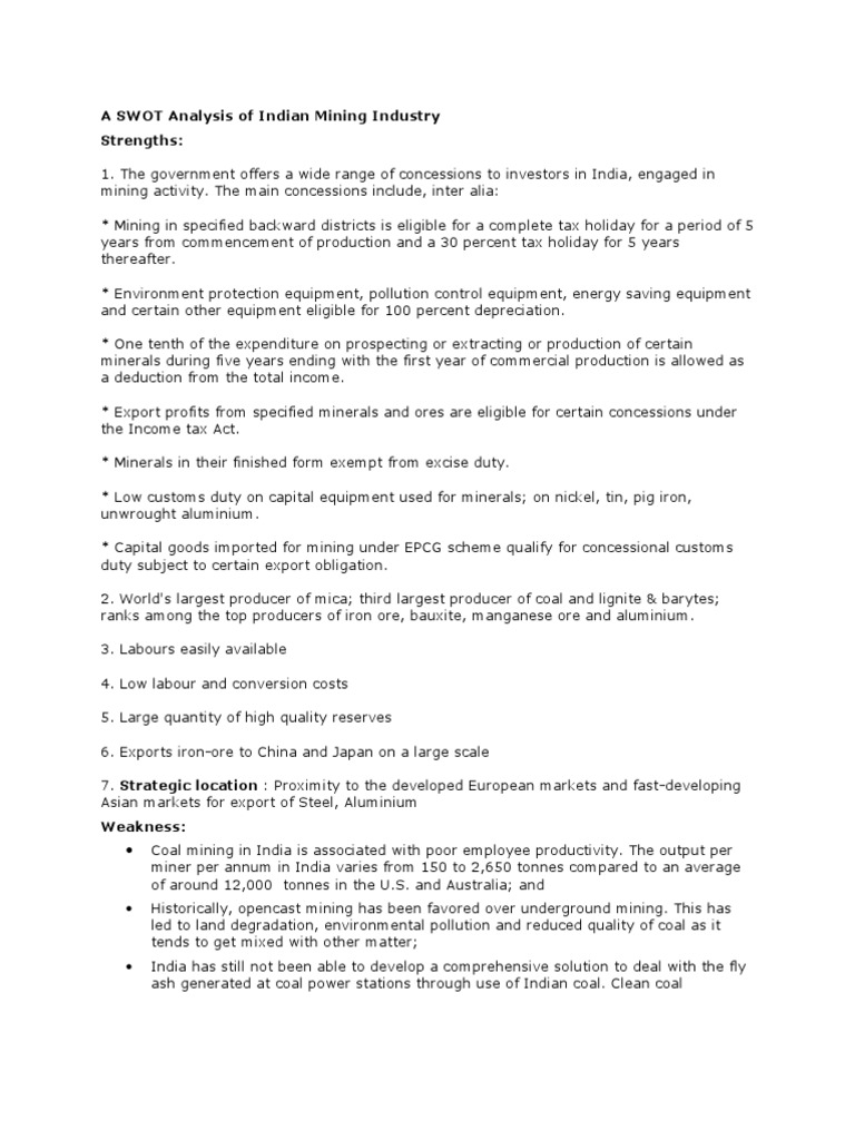 SWOT Analysis of Indian Mining Sector | PDF | Coal | Mining