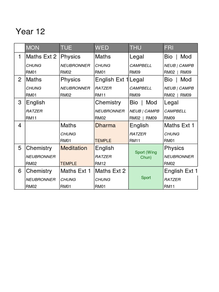 Year 12 Class Timetable | PDF | Science & Mathematics | Technology ...