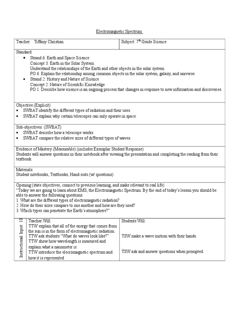 Lesson Plan - Ems | PDF | Electromagnetic Radiation | Telescope