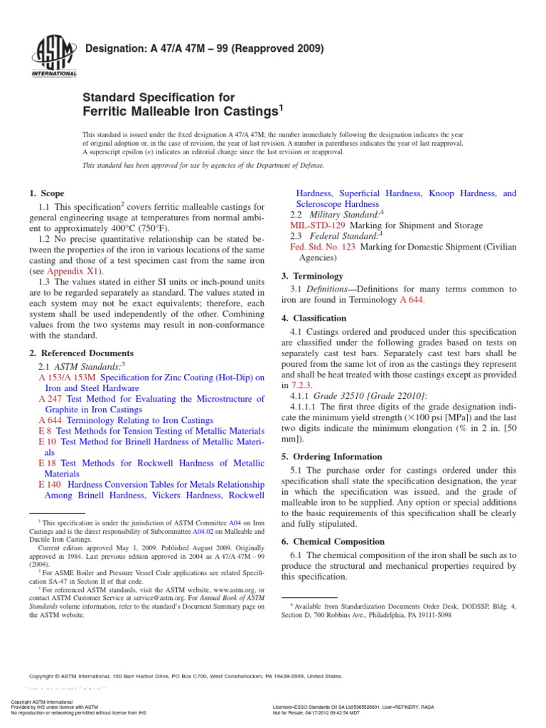 ASTM A47-A47M - Spec For Ferritic Malleable Iron Castings PDF ...
