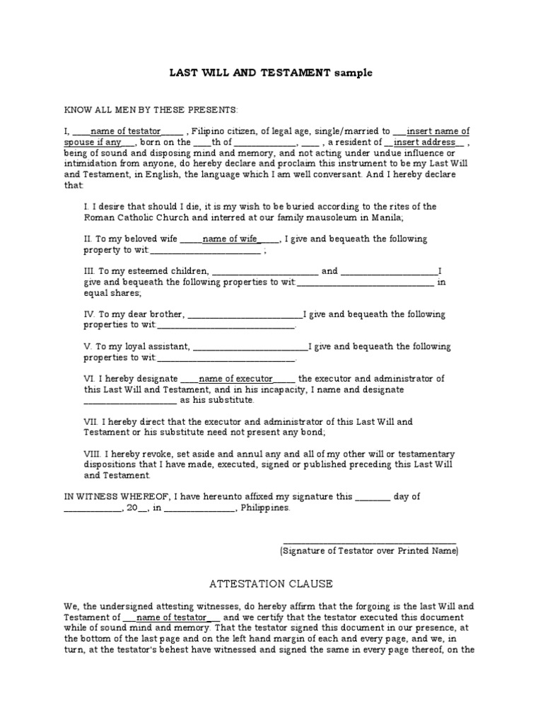 Sample Last Will and Testament Template | PDF | Will And Testament ...