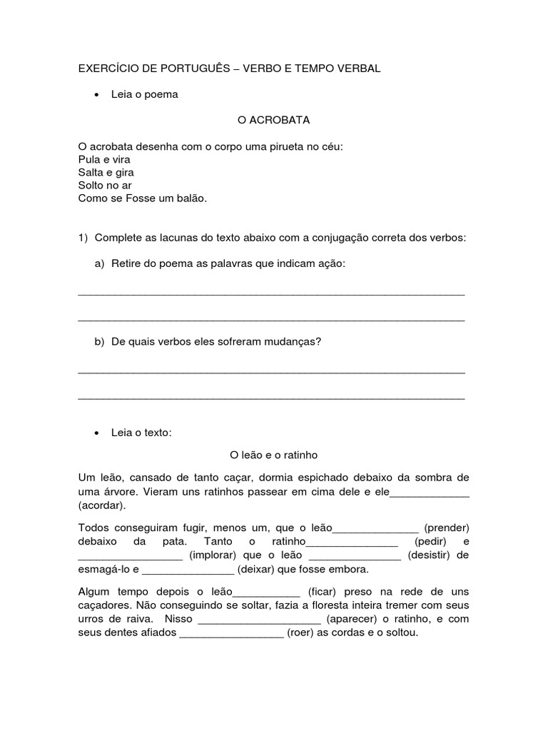 Exercício de Português - Verbo | PDF | Tempo gramatical | Tipologia ...