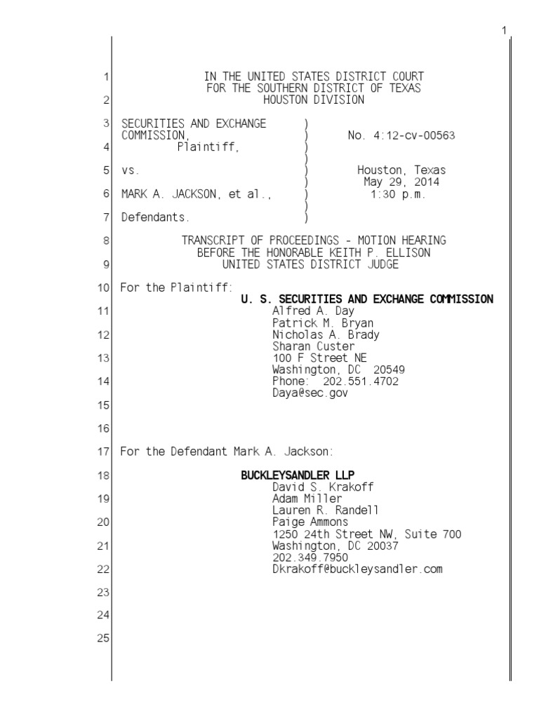 Transcript (SEC v. Jackson & Ruehlen) | PDF | Summary Judgment | Government