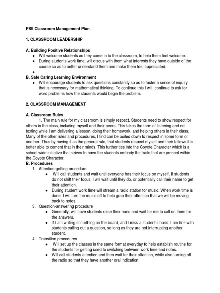 Classroommanagementplan | PDF | Classroom Management | Educational ...