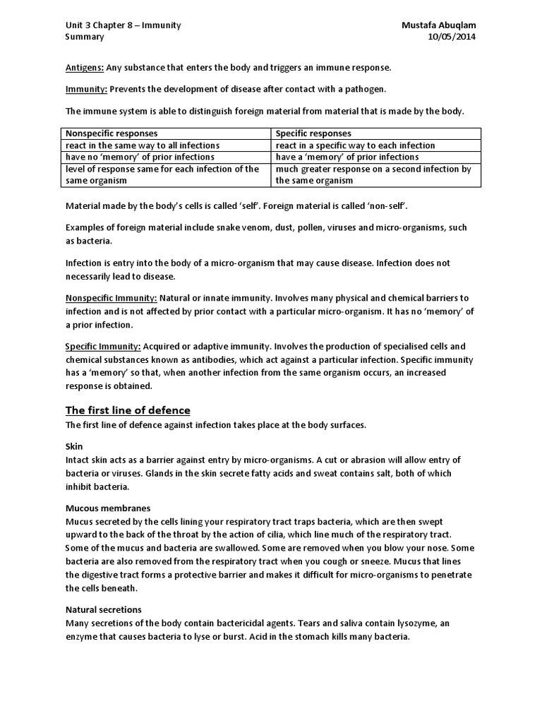 VCE Biology Unit 3 Summaries - Immune System | PDF | Phagocyte | Immune ...