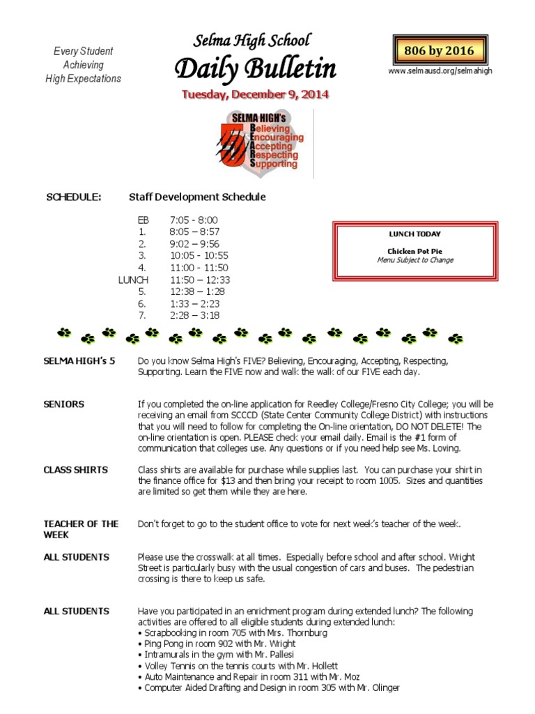 SHS Daily Bulletin 12-9-14 | PDF | Business