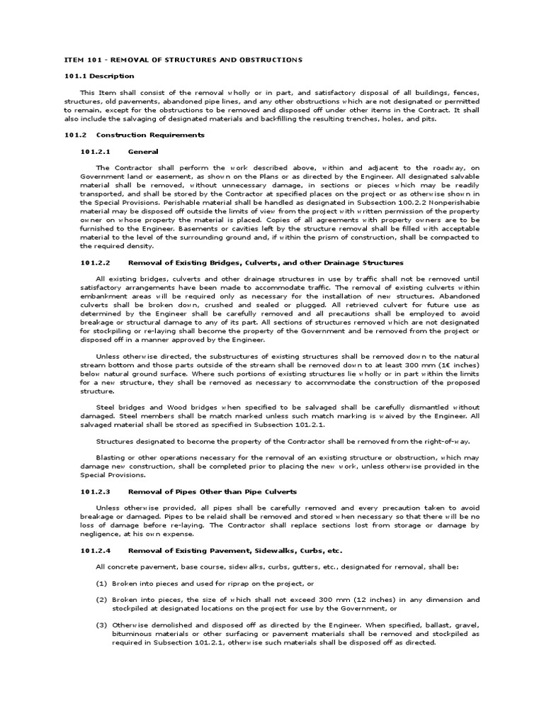 Item 101 Removal of Structures and Obstructions | PDF | Road Surface ...