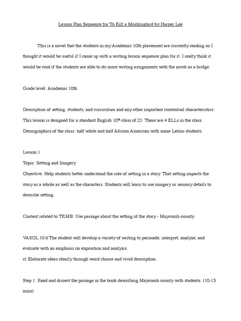 Lesson Plan Sequence For To Kill A Mockingbird by Harper Lee | PDF | To ...