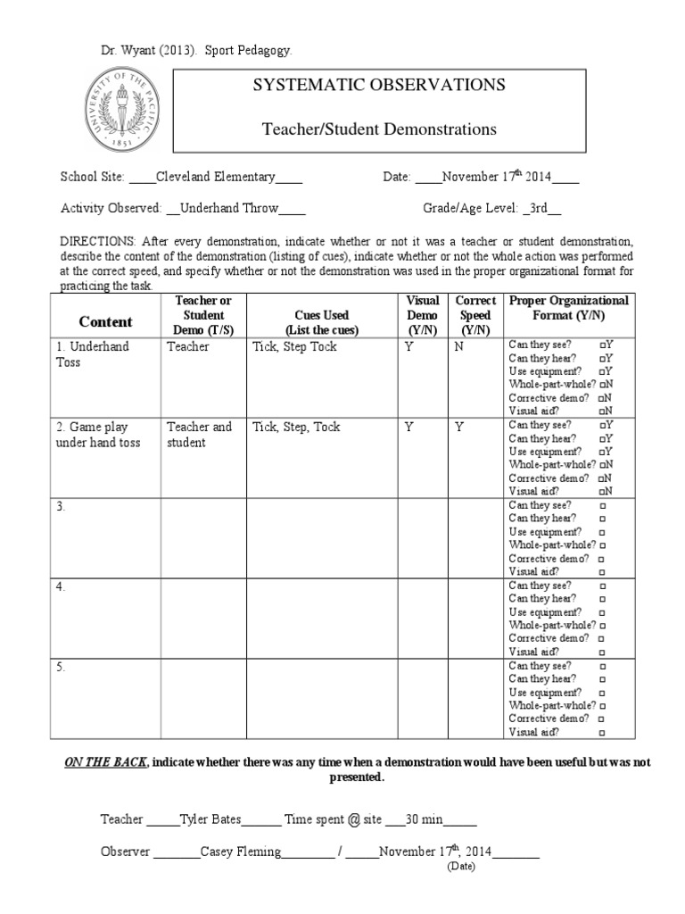 3rd Grade Underhand Throw Observations | PDF | Language Arts ...