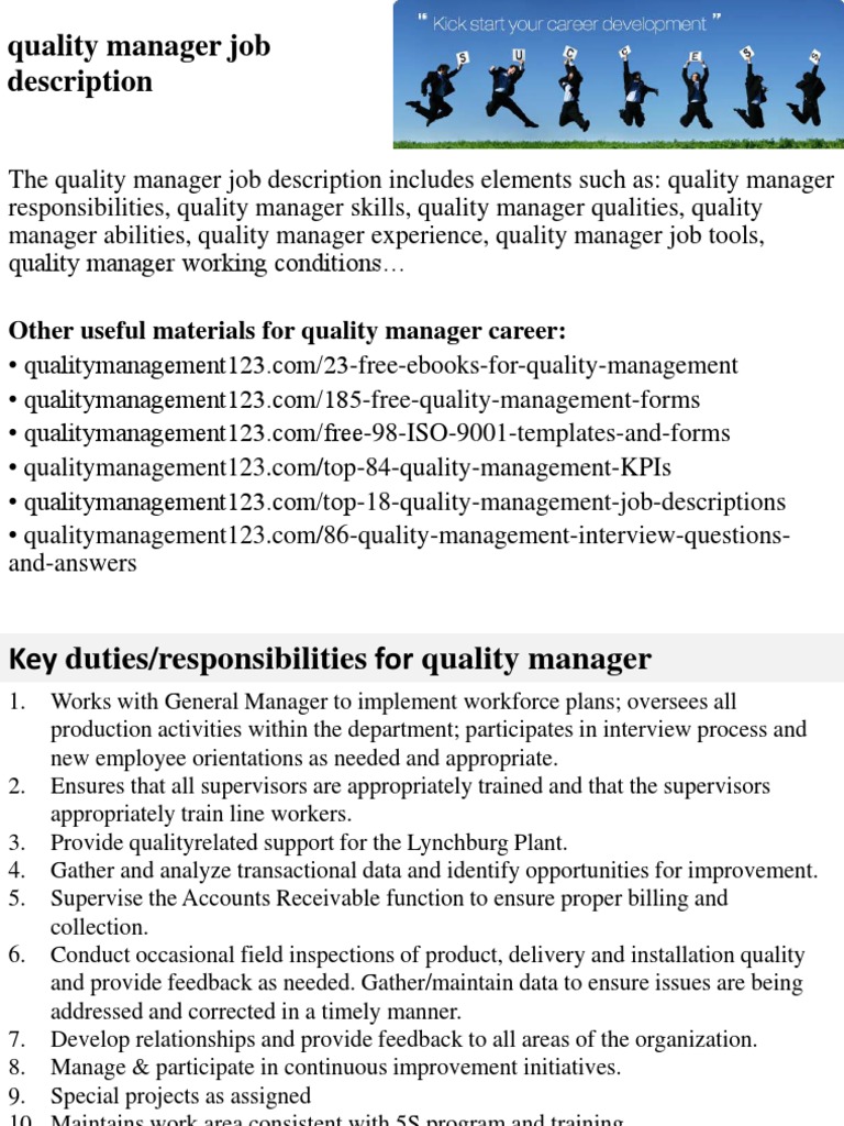 Quality Manager Job Description | PDF | Employment | Quality (Business)
