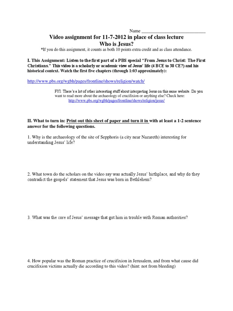 Video Assignment For 11-7-2012 in Place of Class Lecture Who Is Jesus ...