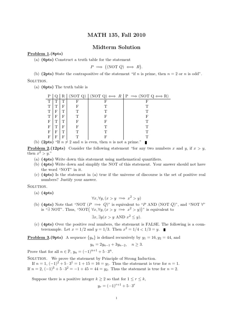 Math 135 1109 Midterm1 Solutions Pdf Number Theory Teaching