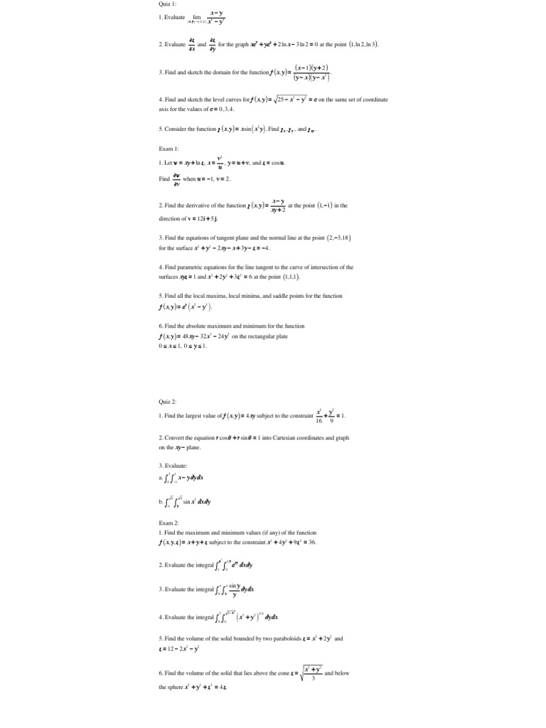 Calculus Iv Practice For Final Pdf Maxima And Minima Sine