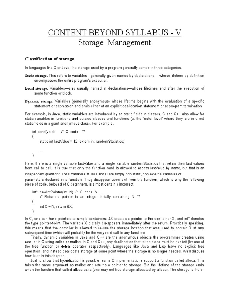 Content Beyond Syllabus - V Storage Management | PDF | C (Programming Language) | Variable ...