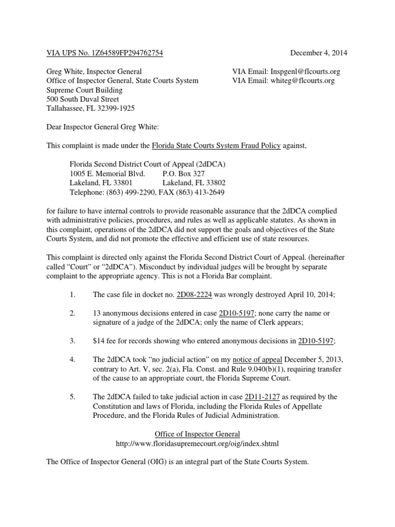 Inspector General Complaint Florida 2dDCA-Dec-04-2014 | PDF ... Inspector General Complaint Florida 2dDCA-Dec-04-2014 | PDF ...