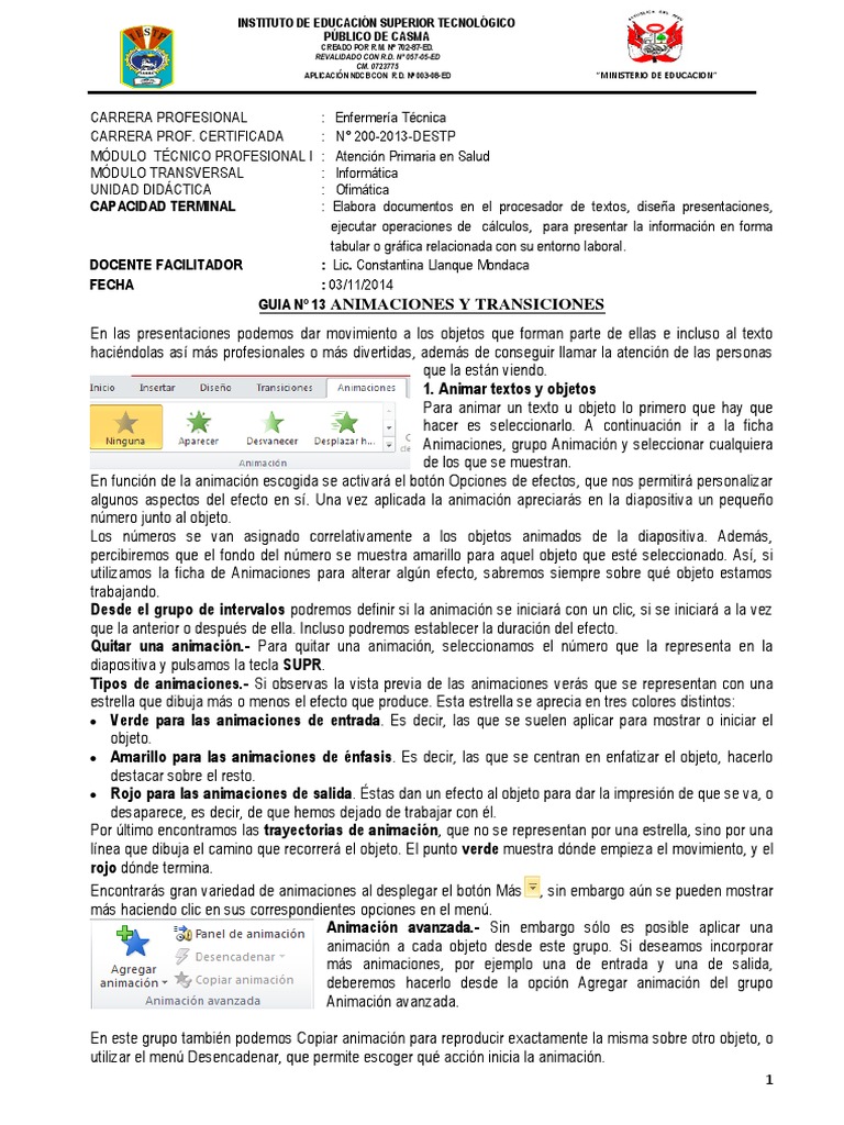GUIA #13 Insertar Animaciones y Transiciones | PDF | Animación | Point and Click