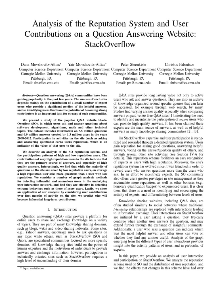 Analysis of The Reputation System and User Contributions On A Question ...