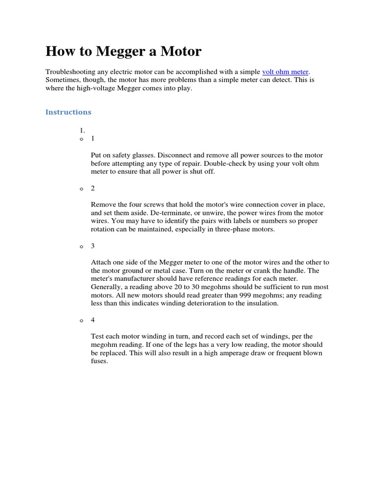 Megger Testing Procedures for Motors | PDF