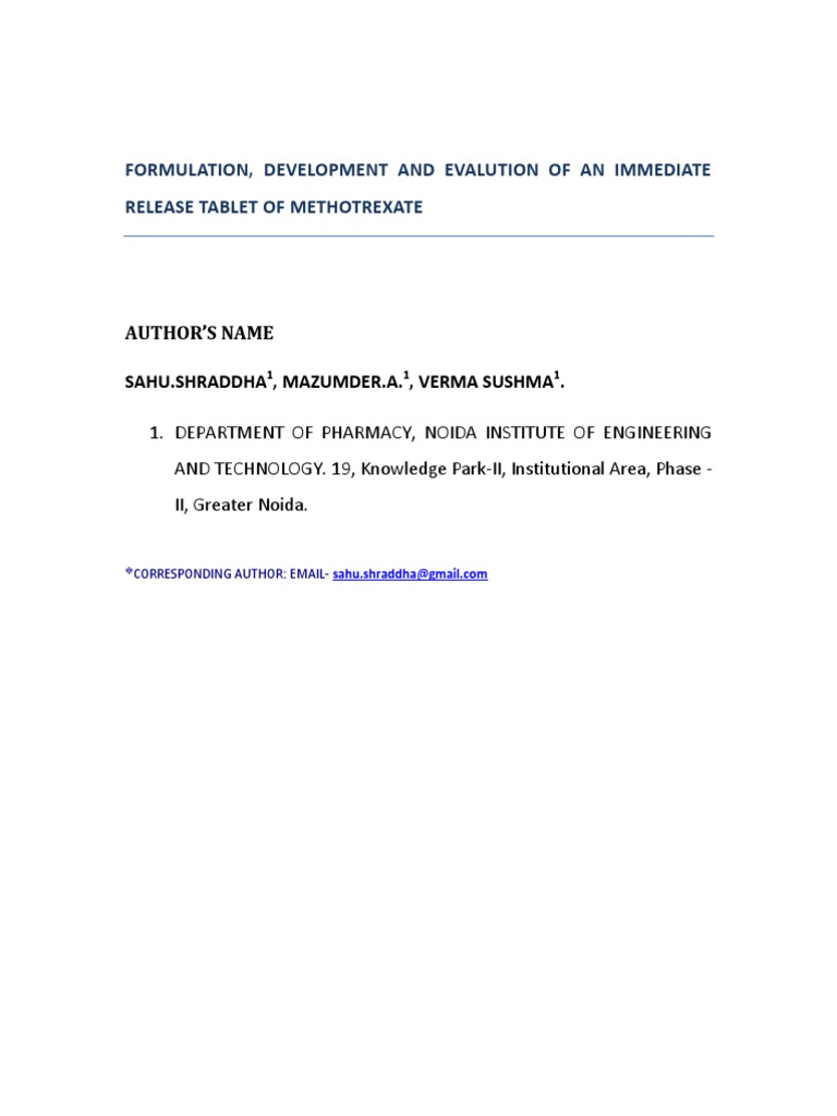 Formulation Development And Evalution Of An Immediate Release Tablet Of Methotrexate Download