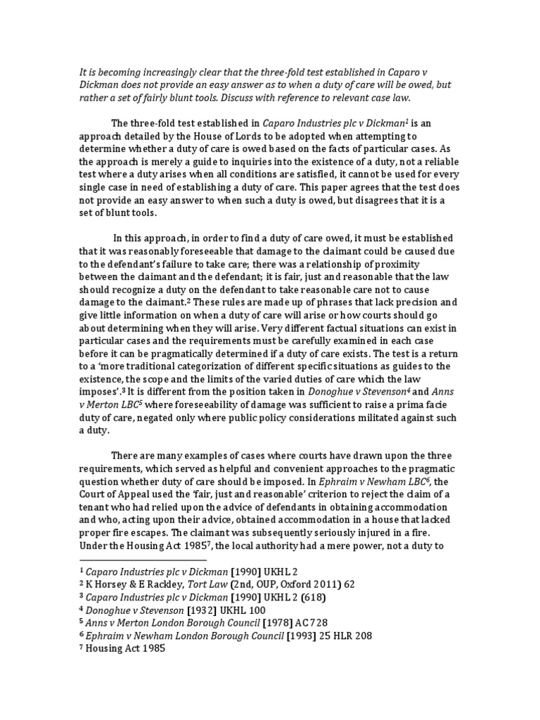 Caparo v Dickman test | Duty Of Care | Social Institutions