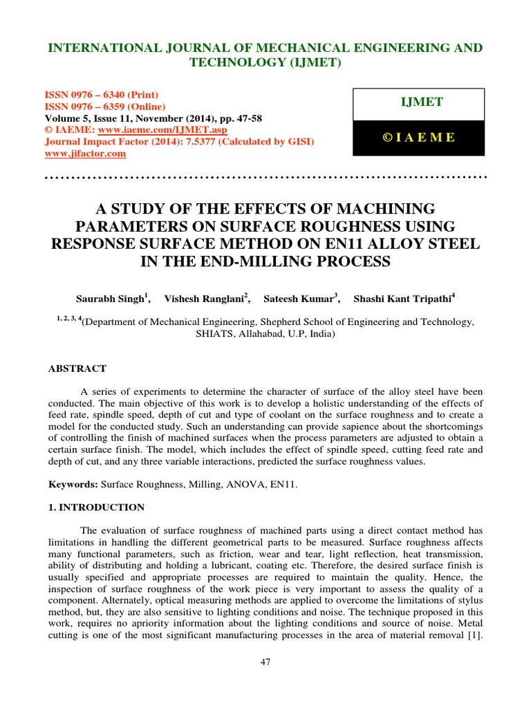 A Study Of The Effects Of Machining Parameters On Surface Roughness