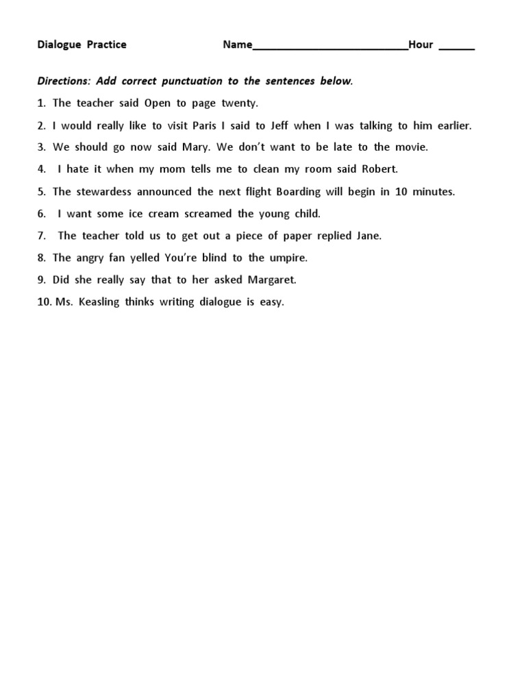 Dialogue Worksheet Practice | PDF