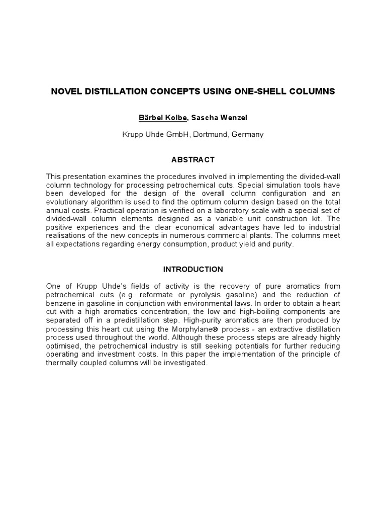 Novel Distillation Concepts Using One-Shell Columns: Bärbel Kolbe, Sascha Wenzel | PDF ...