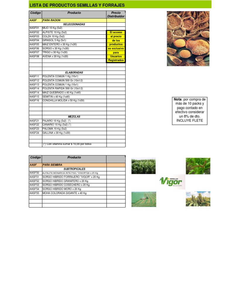 LISTA de Productos de Semillas y Forrajes | PDF | Cultivos | Forraje