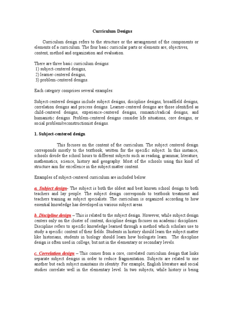 Subject-Centered Design | PDF | Curriculum | Education Theory