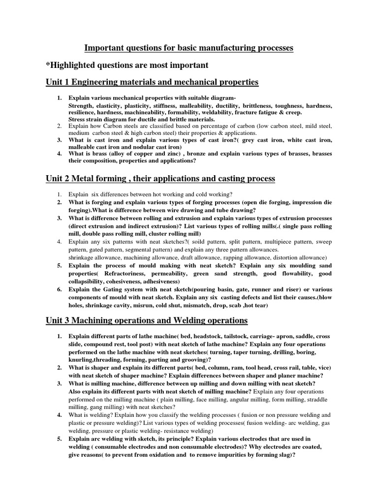 Most Important Questions For Basic Manufacturing Processes (BME) 1 | PDF | Ductility | Welding