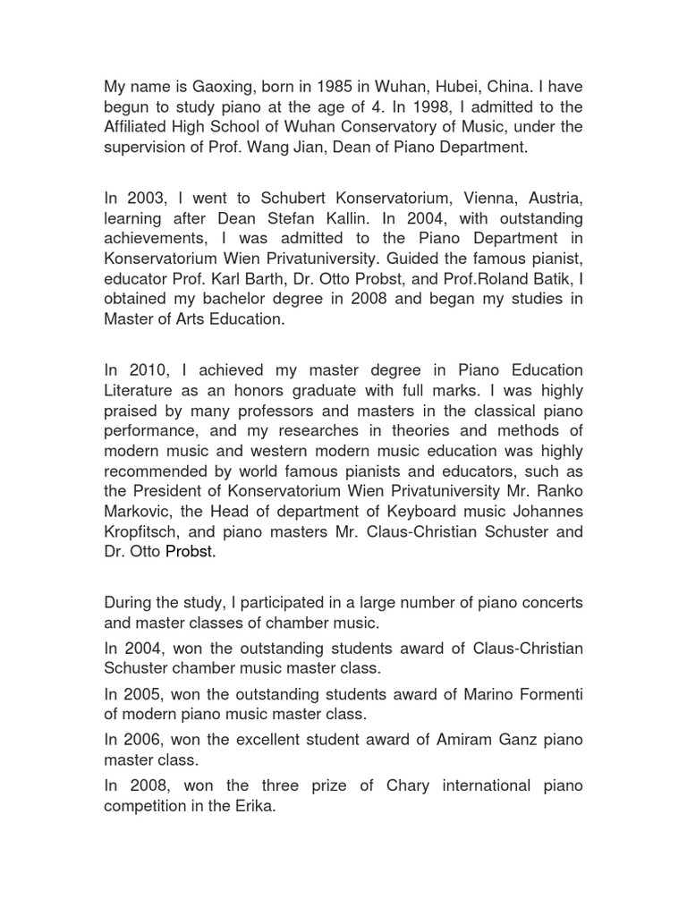 Personal Statement | Piano | Academia