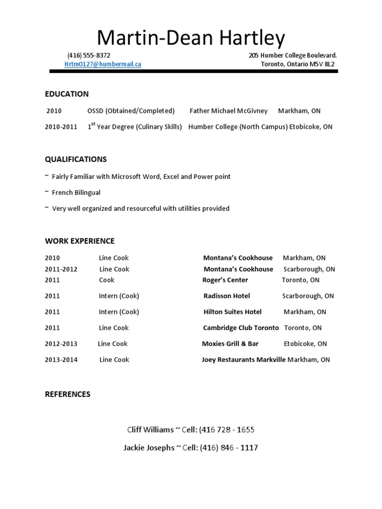 Culinary Skills Resume of Martin Hartley | PDF | Business | Technology ...