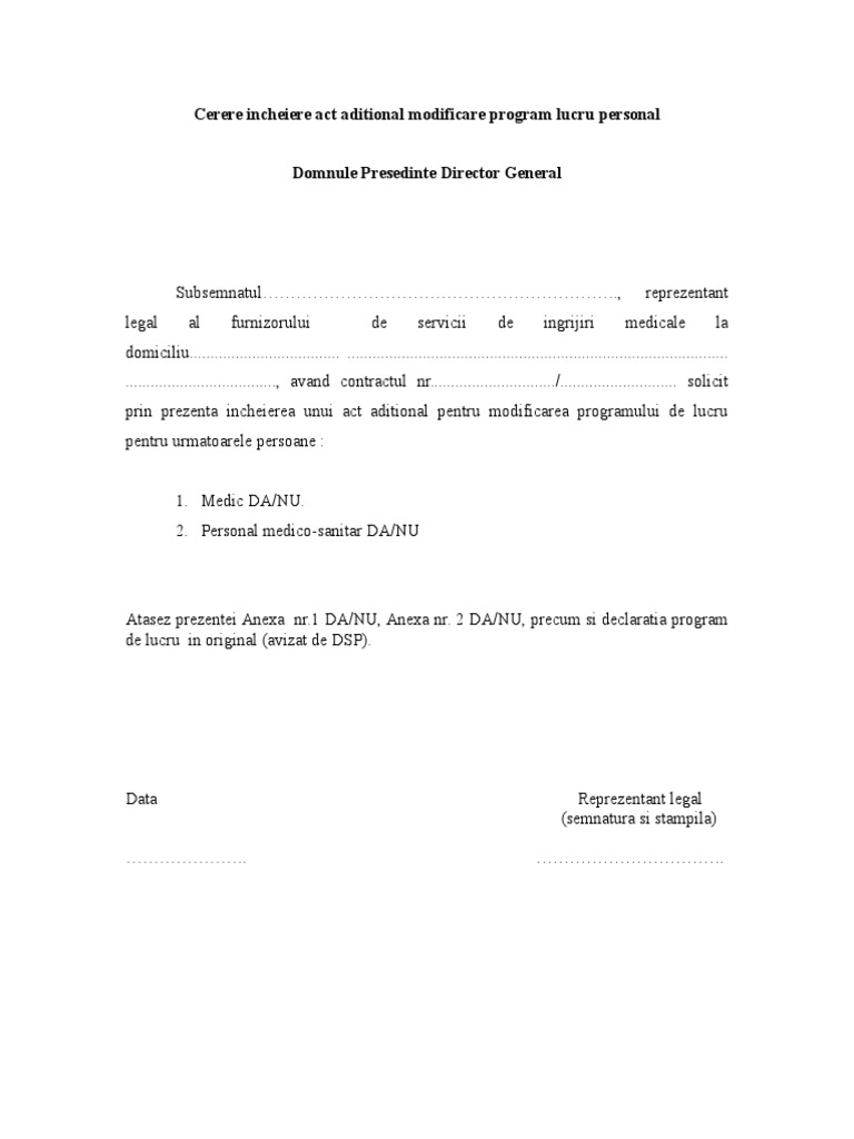 Cerere Tip Act Aditional Modificare Program de Lucru | PDF Cerere Tip Act Aditional Modificare Program de Lucru | PDF