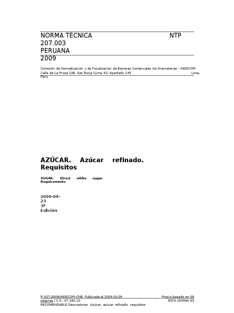 Norma Tecnica Peruana Azucar | PDF | Azúcar | Dieta y nutrición