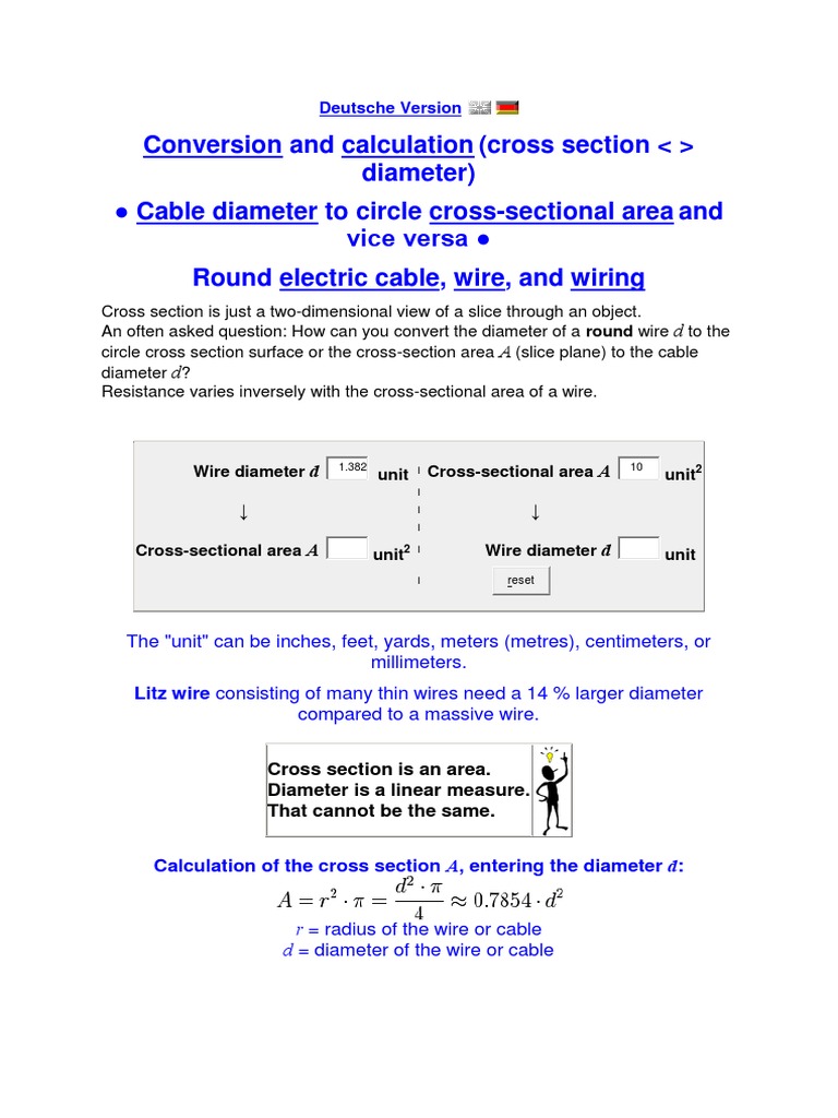Conversion and calculation (cross section diameter) Cable diameter to ...