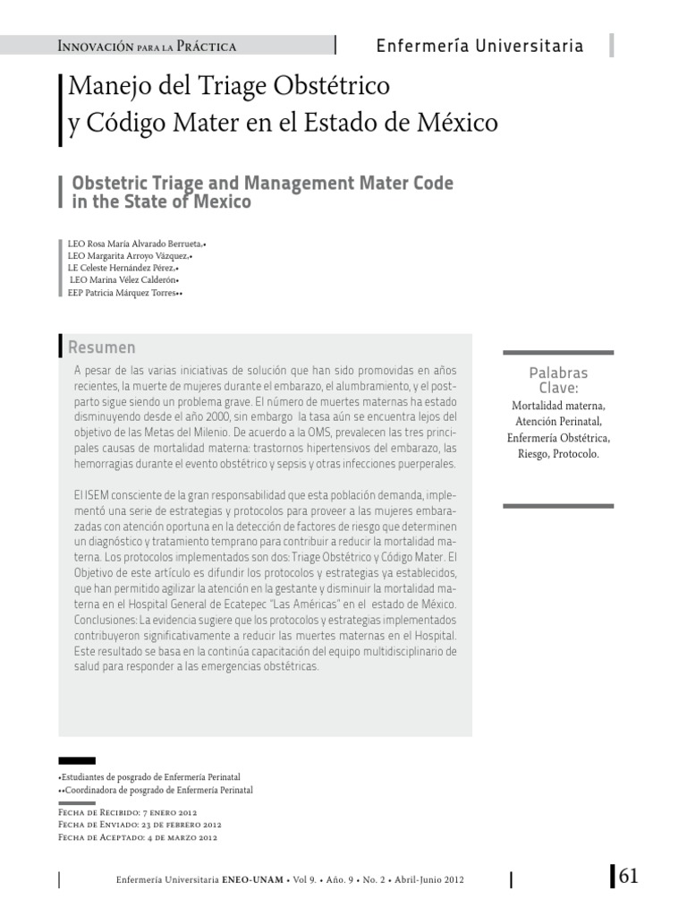 Triage Obstétrico y Código Mater | PDF | Muerte materna | Enfermería