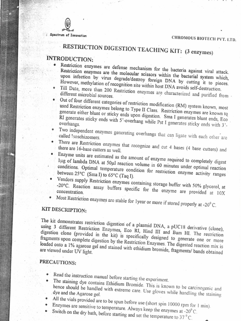 Restriction Digestion Teaching Kit | PDF | Life Sciences | Biology