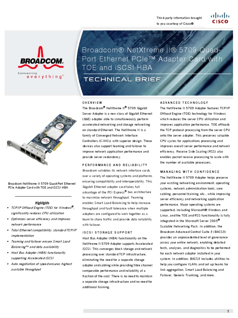 Broadcom® Netxtreme Ii® 5709 Quad-Port Ethernet Pcie™ Adapter Card With Toe and Iscsi Hba | PDF ...